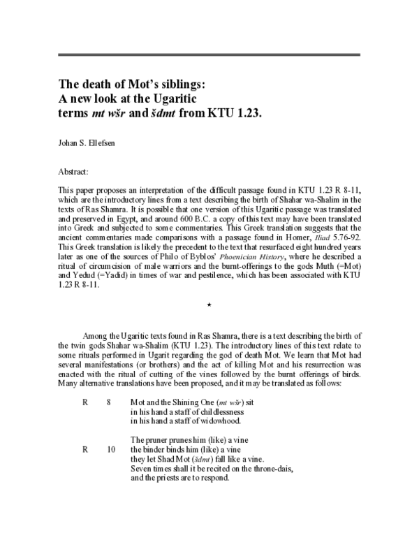 (PDF) The death of Mot's siblings: A new look at the Ugaritic terms mt ...