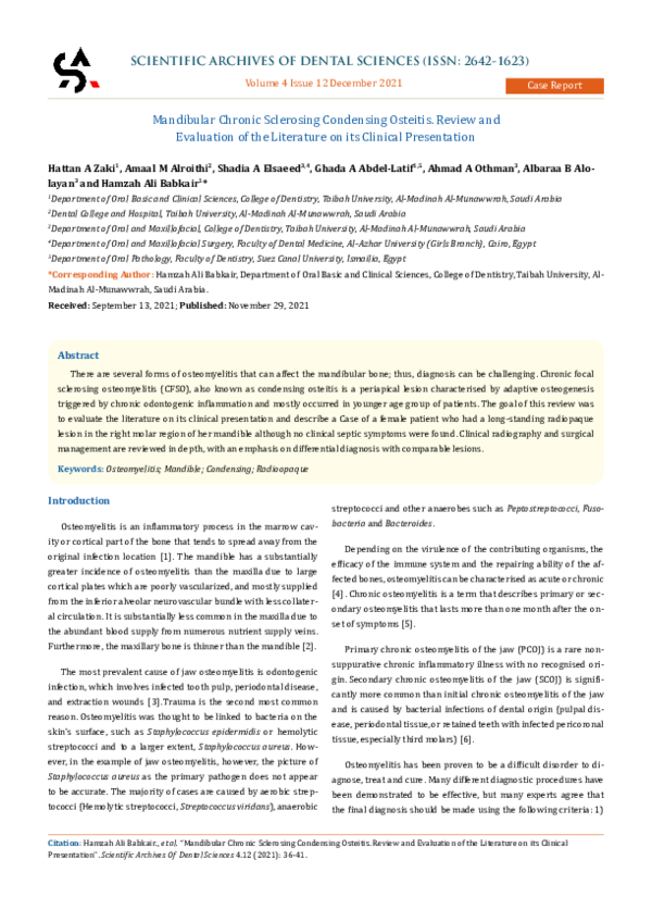 (PDF) Mandibular Chronic Sclerosing Condensing Osteitis. Review and ...