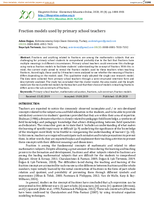 (PDF) Fraction models used by primary school teachers