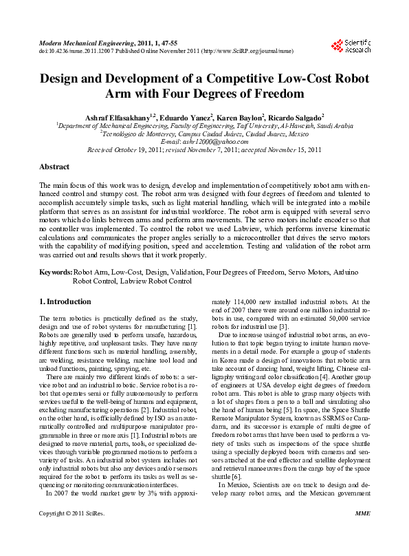 (PDF) Design and Development of a Competitive Low-Cost Robot Arm with Four Degrees of Freedom