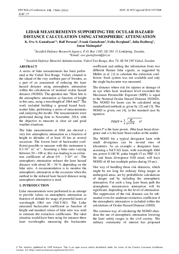 (PDF) Lidar Measurements Supporting the Ocular Hazard Distance ...