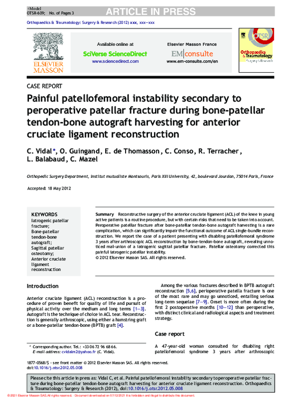 (PDF) Painful patellofemoral instability secondary to peroperative patellar fracture during bone ...