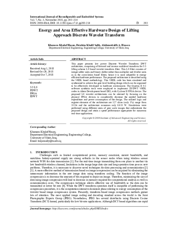 (PDF) Energy and Area Effective Hardware Design of Lifting Approach Discrete Wavelet Transform