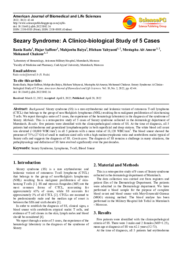 (PDF) Sezary Syndrome: A Clinico-biological Study of 5 Cases