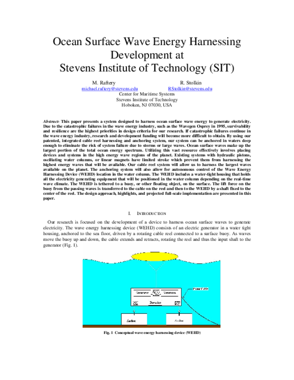 (PDF) Ocean Surface Wave Energy Harnessing Development at Stevens Institute of Technology (SIT)