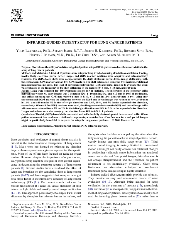 (PDF) Infrared-Guided Patient Setup for Lung Cancer Patients | Joseph ...