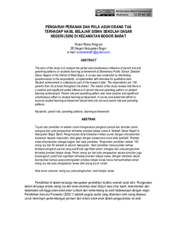 (PDF) Pengaruh Peranan Dan Pola Asuh Orang Tua Terhadap Hasil Belajar Siswa Sekolah Dasar Negeri ...