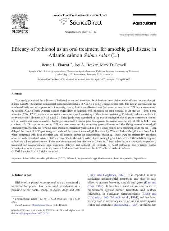 (PDF) Bithionol for Treating Amoebic Gill Disease in Salmon
