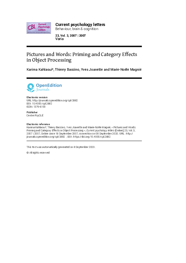 (PDF) Pictures and Words: Priming and Category Effects in Object Processing