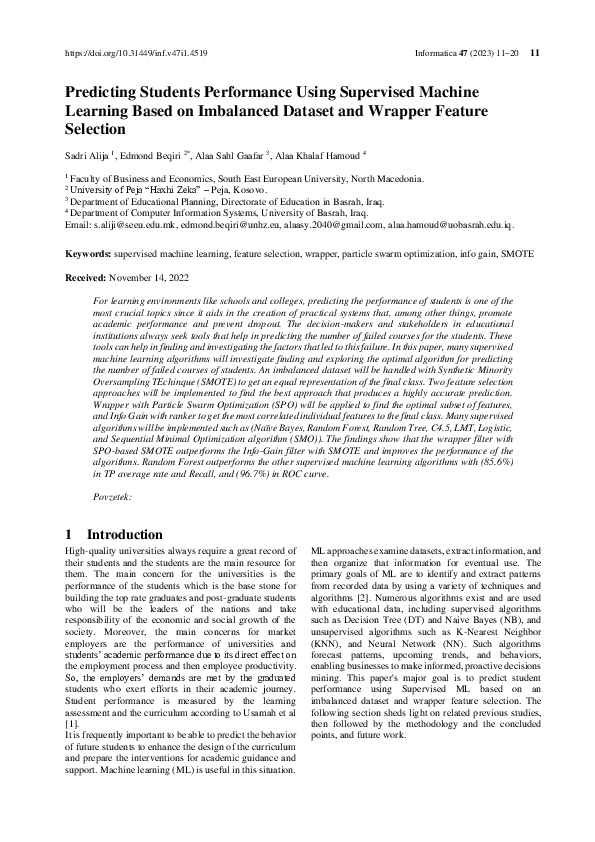 (PDF) Predicting Students Performance Using Supervised Machine Learning Based on Imbalanced ...
