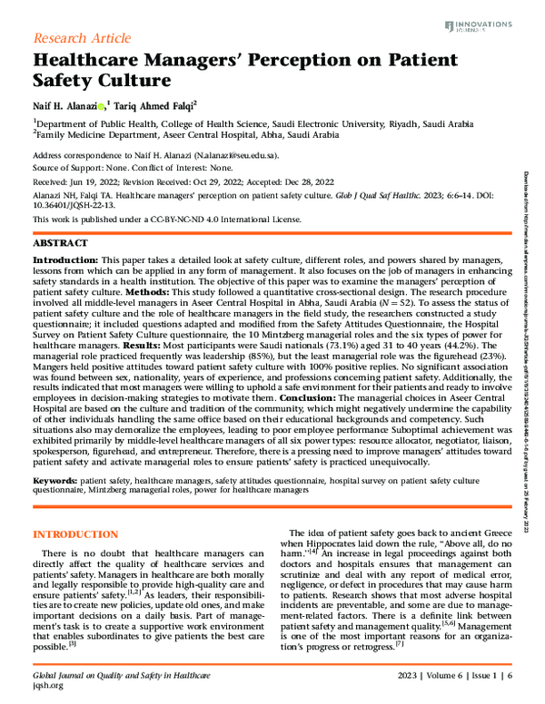 (PDF) Healthcare Managers' Perception on Patient Safety Culture