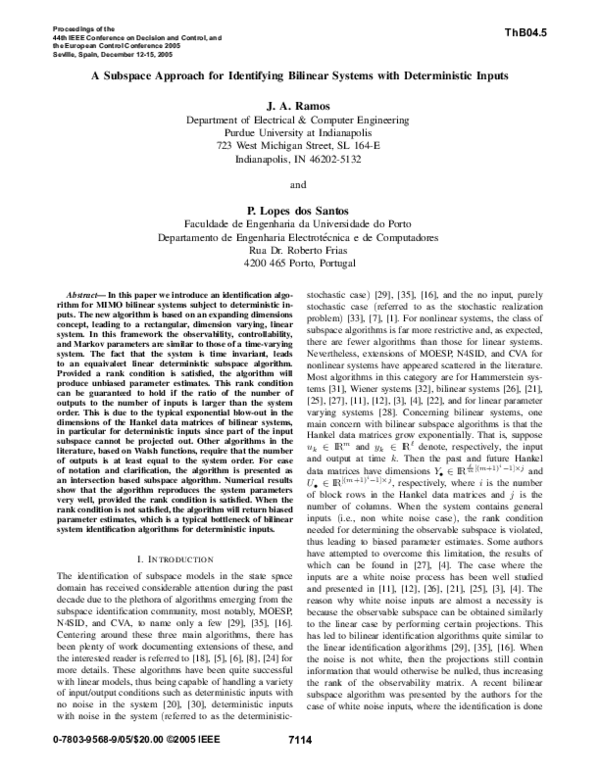 (PDF) A Subspace Approach for Identifying Bilinear Systems with Deterministic Inputs