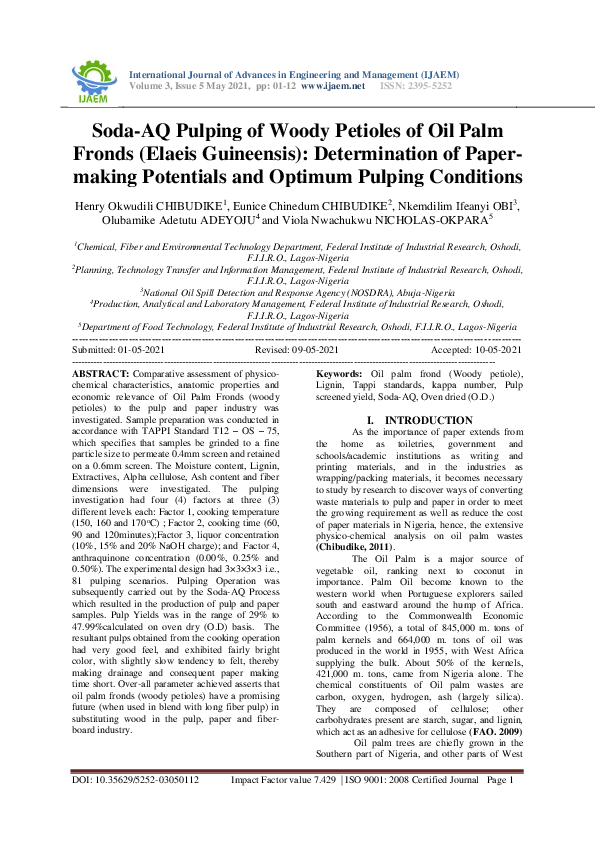 (PDF) Soda-AQ Pulping of Woody Petioles of Oil Palm Fronds (Elaeis ...