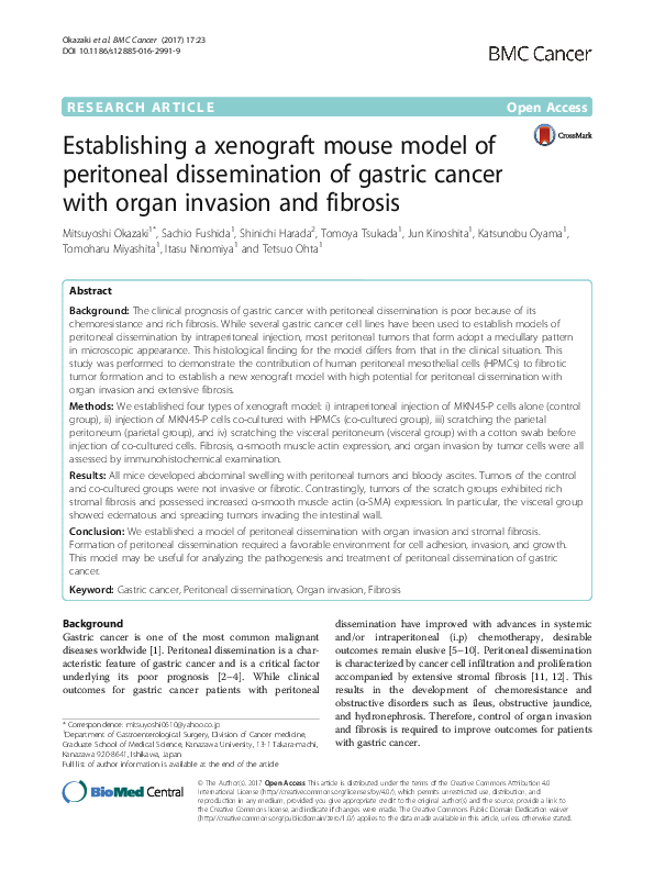 (PDF) Establishing a xenograft mouse model of peritoneal dissemination ...