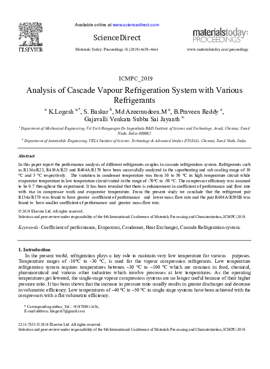 (PDF) Analysis of Cascade Vapour Refrigeration System with Various Refrigerants