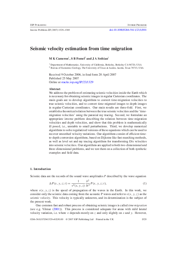 (PDF) Seismic velocity estimation from time migration