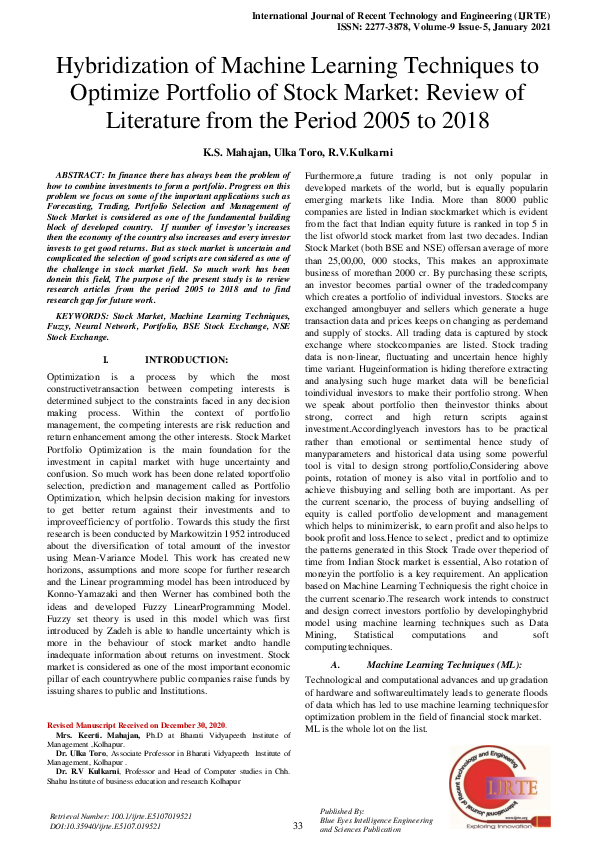 (PDF) Hybridization of Machine Learning Techniques to Optimize Portfolio of Stock Market: Review ...