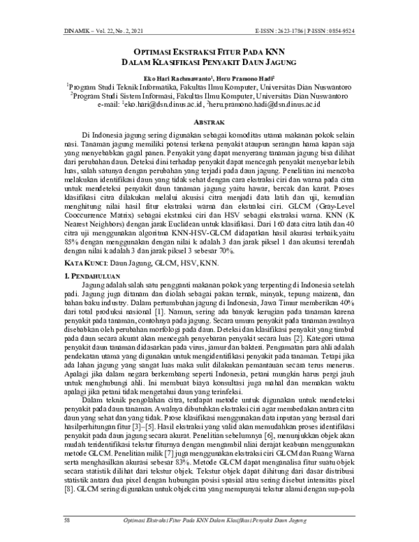 (PDF) Optimasi Ekstraksi Fitur Pada KNN Dalam Klasifikasi Penyakit Daun ... (PDF) Optimasi Ekstraksi Fitur Pada KNN Dalam Klasifikasi Penyakit Daun ...