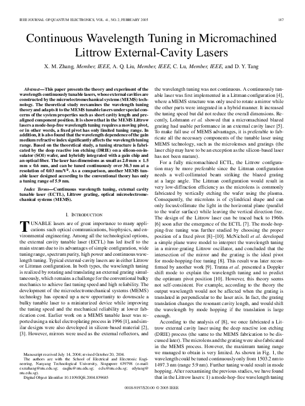 (PDF) Continuous wavelength tuning in micromachined Littrow external ...