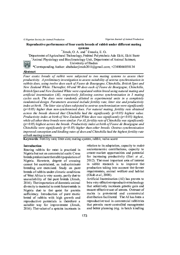 (PDF) Reproductive performance of four exotic breeds of rabbit under different mating systems