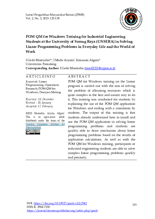 (PDF) POM QM for Windows Training for Industrial Engineering Students ...