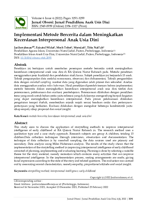 (PDF) Implementasi Metode Bercerita dalam Meningkatkan Kecerdasan Interpersonal Anak Usia Dini