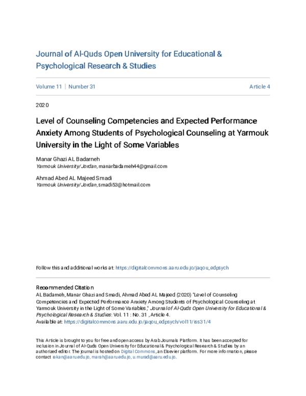(PDF) Level of Counseling Competencies and Expected Performance Anxiety ...