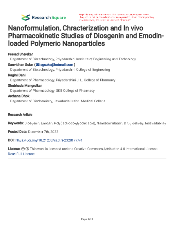 (PDF) Nanoformulation, Chracterization and In vivo Pharmacokinetic ...