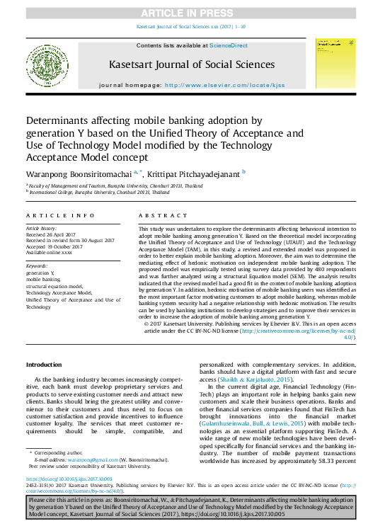 Pdf Determinants Affecting Mobile Banking Adoption By Generation Y Based On The Unified Theory