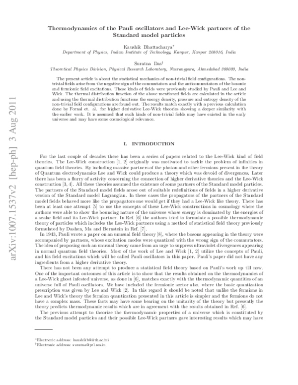 (PDF) Thermodynamics of the Pauli oscillators and Lee-Wick partners of ...