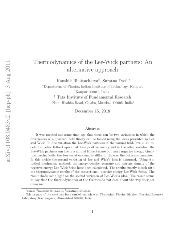 (PDF) Thermodynamics of the Lee-Wick partners: An alternative approach