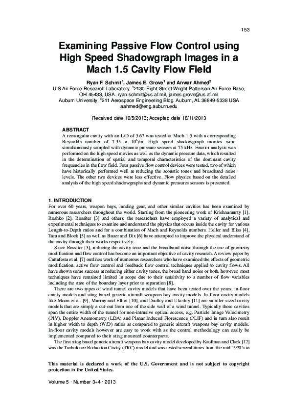 Pdf Examining Passive Flow Control Using High Speed Shadowgraph Images In A Mach 15 Cavity