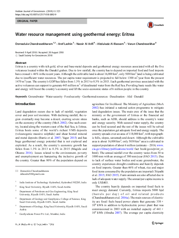 (PDF) Water resource management using geothermal energy: Eritrea