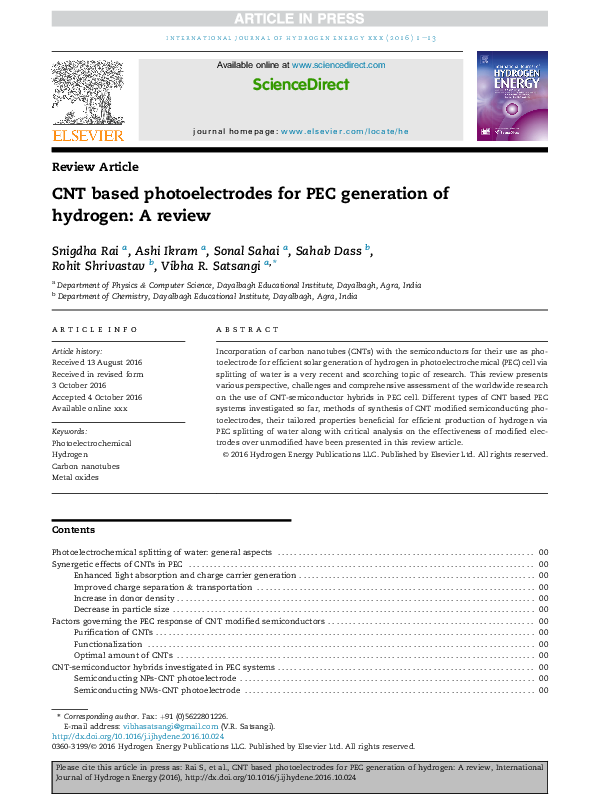 (PDF) CNT based photoelectrodes for PEC generation of hydrogen: A review