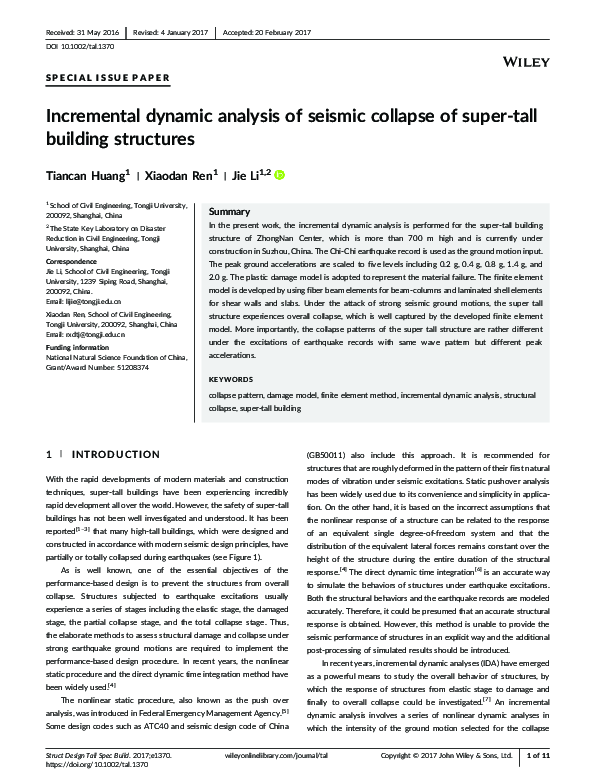 (PDF) Incremental dynamic analysis of seismic collapse of super-tall building structures
