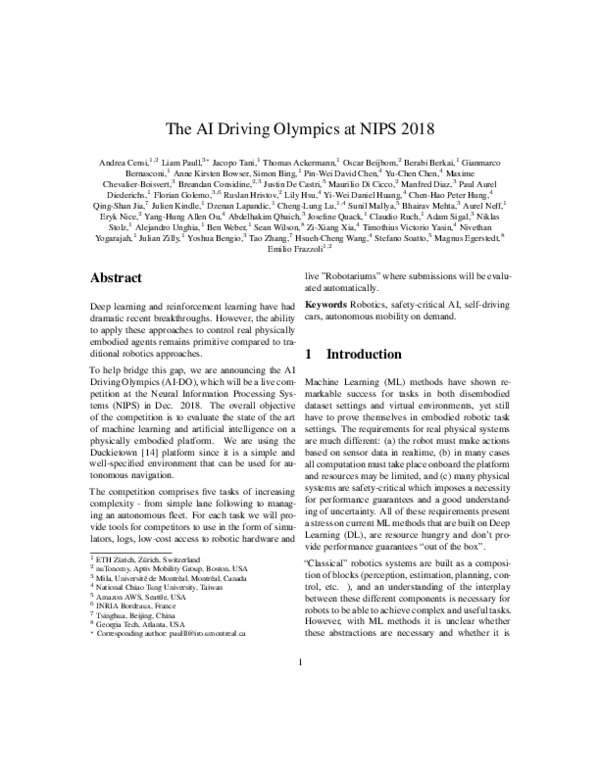 (PDF) The AI Driving Olympics at NIPS 2018