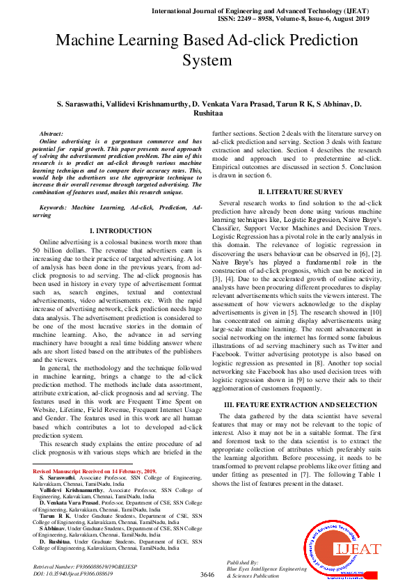 Pdf Machine Learning Based Ad Click Prediction System Vallidevi