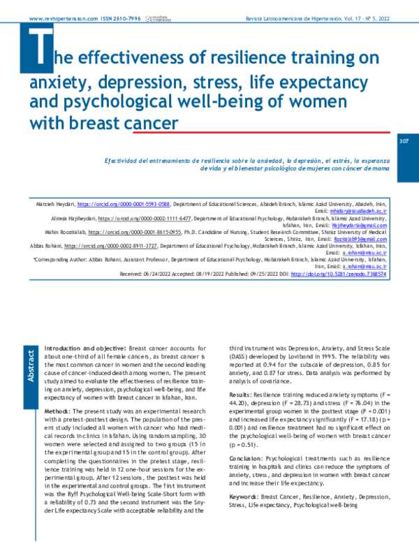 (PDF) The effectiveness of resilience training on anxiety, depression, stress, life expectancy ...