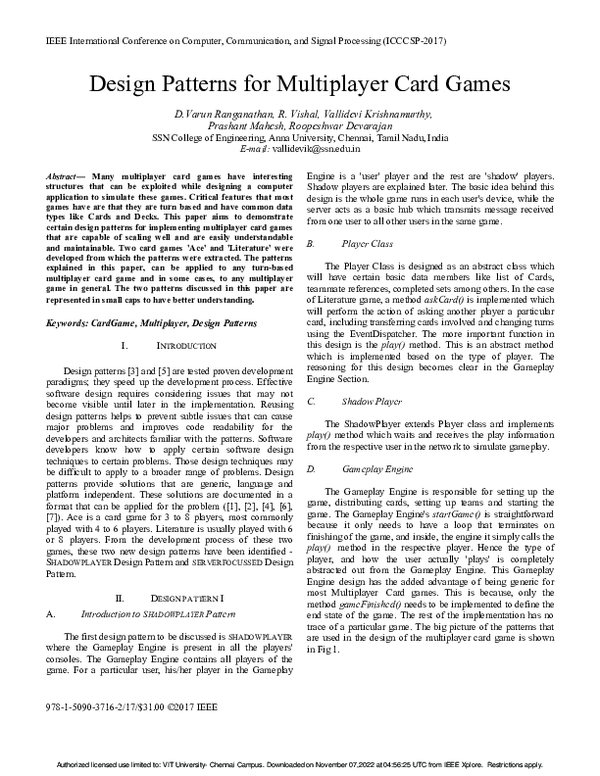 (PDF) Design patterns for multiplayer card games