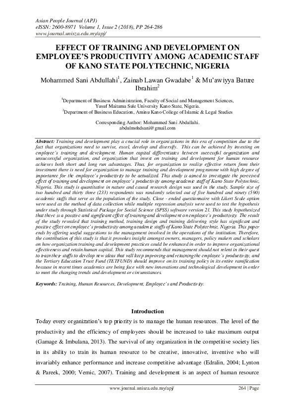 (PDF) Effect of Training and Development on Employee’s Productivity Among Academic Staff of Kano ...