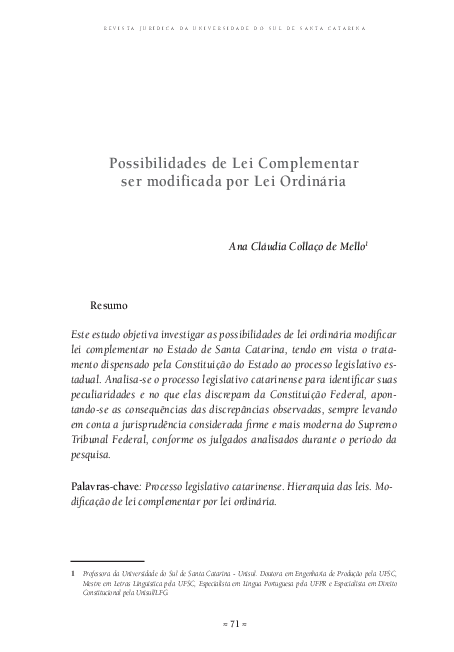 (PDF) Possibilidades de Lei Complementar ser modificada por Lei Ordinária