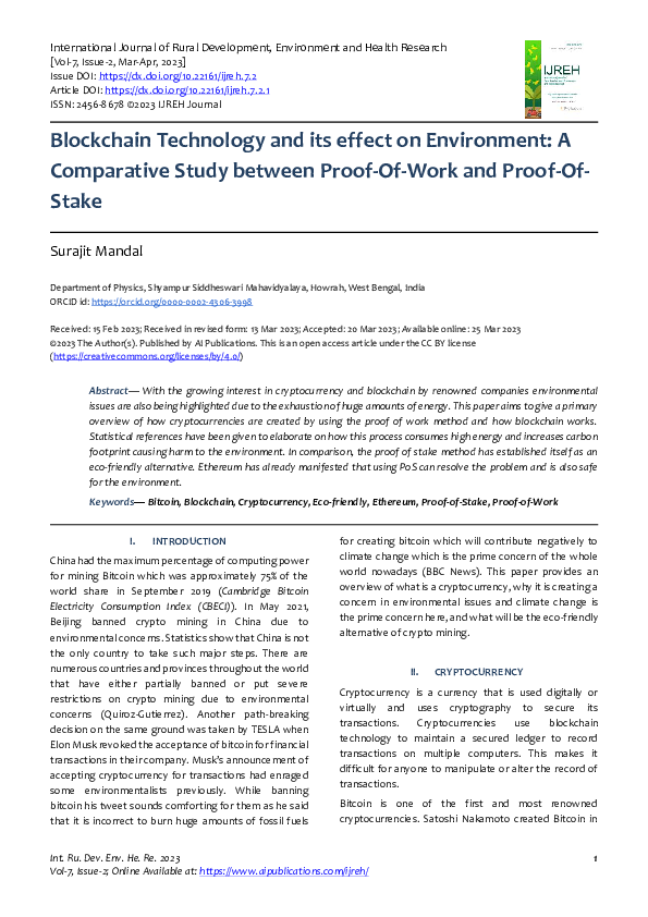 (PDF) Blockchain Technology and its effect on Environment: A Comparative Study between Proof-Of ...