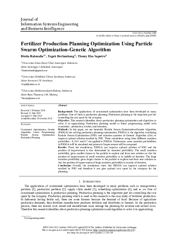 (PDF) Fertilizer Production Planning Optimization Using Particle Swarm Optimization-Genetic ...