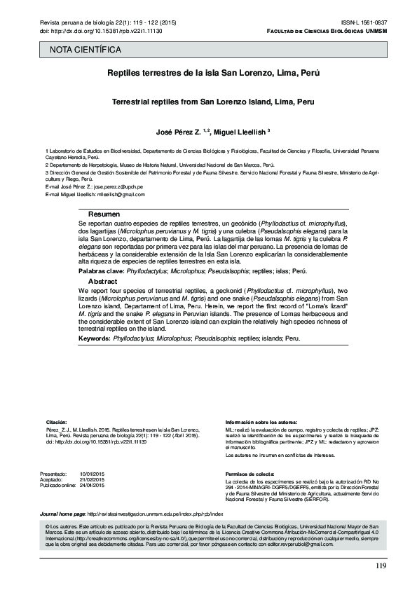 (PDF) Reptiles terrestres de la isla San Lorenzo, Lima, Perú