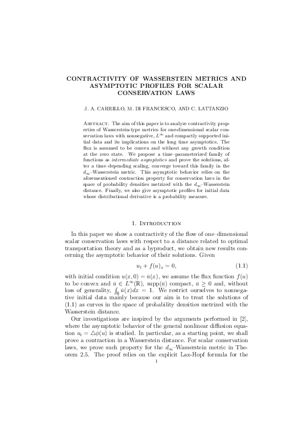 (PDF) Contractivity of Wasserstein metrics and asymptotic profiles for scalar conservation laws