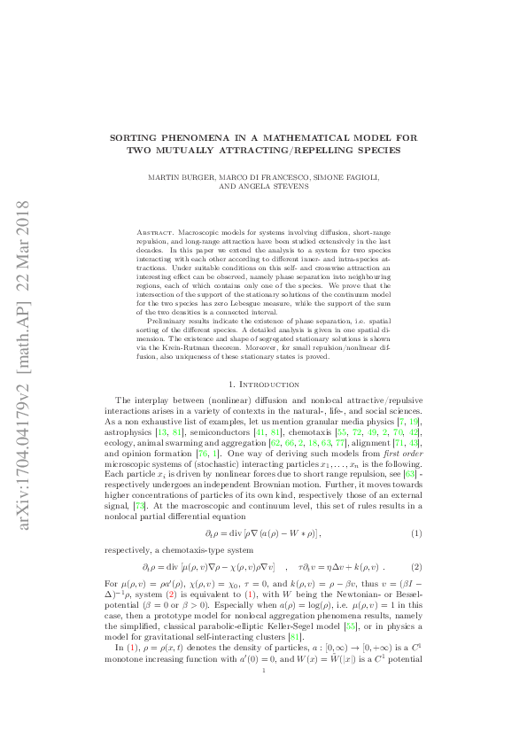 (PDF) Sorting Phenomena in a Mathematical Model For Two Mutually Attracting/Repelling Species