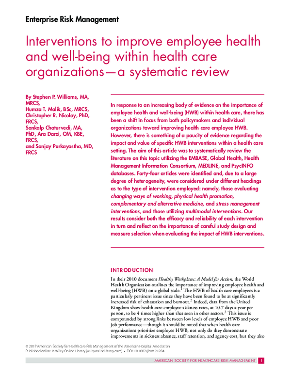 (PDF) Interventions to improve employee health and well-being within ...
