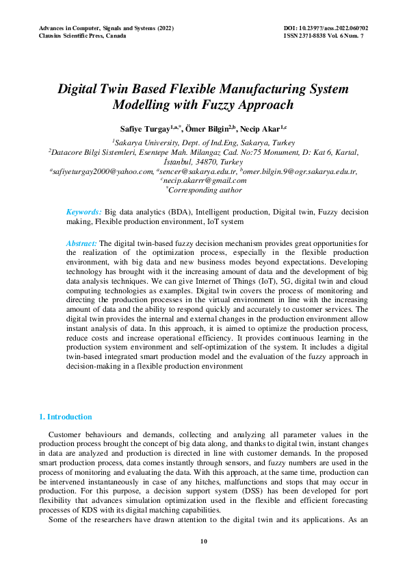 (PDF) Digital Twin Based Flexible Manufacturing System Modelling with Fuzzy Approach