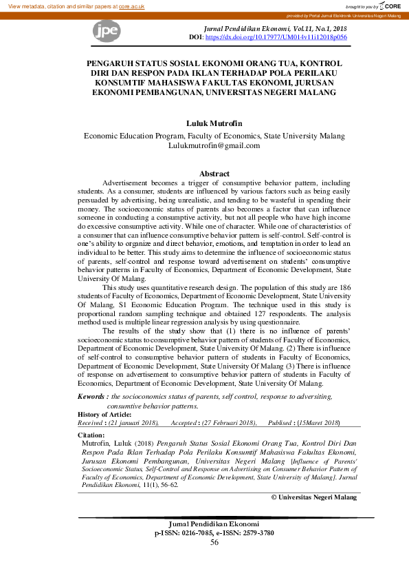 (PDF) Pengaruh Status Sosial Ekonomi Orang Tua, Kontrol Diri, Dan Respon Pada Iklan Terhadap ...