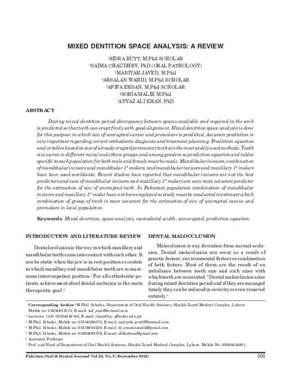(PDF) Mixed dentition space analysis - a review